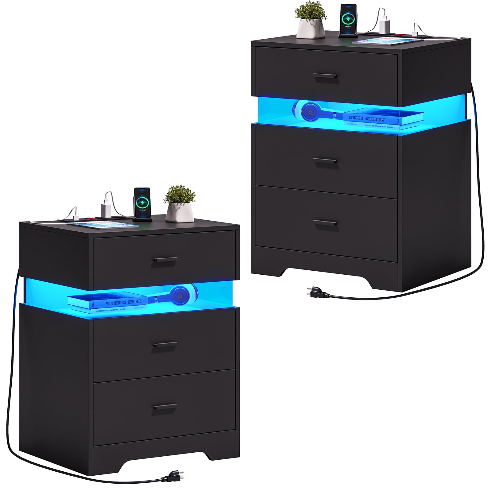 Hasuit Black Night Stand Set of 2 with LED Lights and Charging Station, Modern Nightstand with 3 Drawers, Bedside Tables/End Table for Bedroom