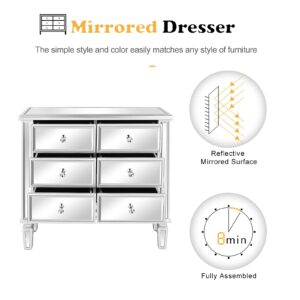 Bonnlo Mirrored Dresser 6 Mirrored Drawers, Mirrored Cabinet, Glass Mirror Dresser for Bedroom with 6 Storage Drawer Modern Chest of Drawers, Silver, 32”L x 12”W x 28”H