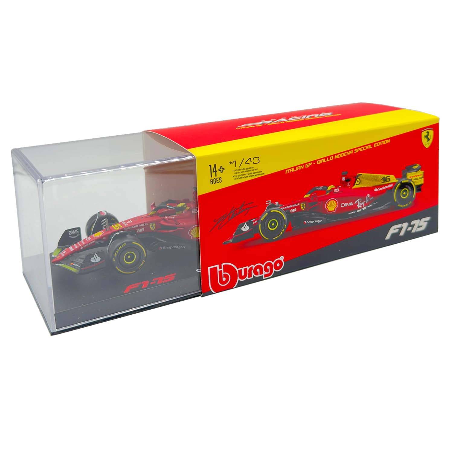 Bburago 1/43 - Scuderia Ferrari F1 Team F1-75 Signature w/Helmet Die cast Adults Model Car Display F1 Monza GP Italy Collection (#16 Charles Leclerc)