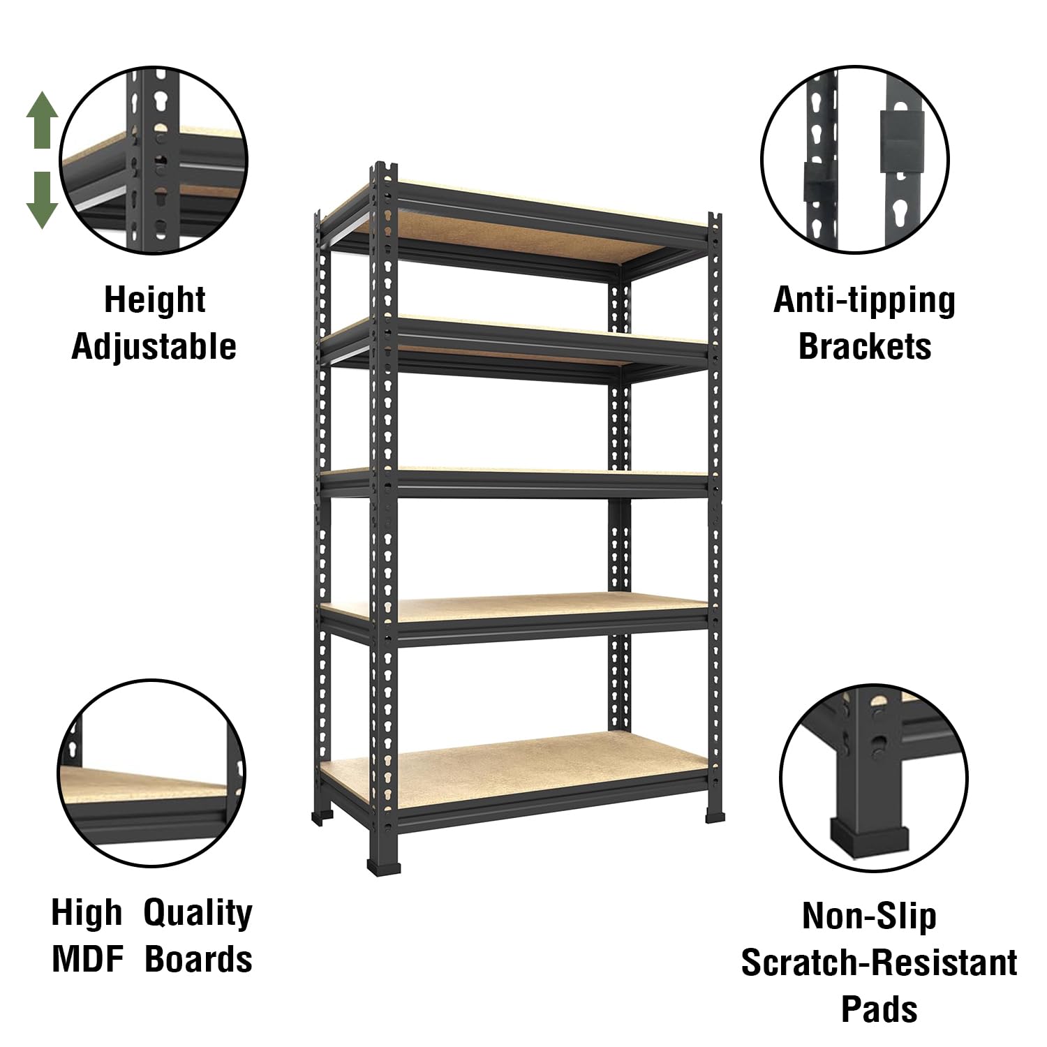 Go-Trio Storage Shelves 5 Tier Adjustable Height Garage Storage Shelving Unit, Heavy Duty Metal Storage Utility Rack Shelf for Warehouse Pantry Closet Kitchen Laundry, 71" x 35" x 12", Black