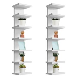 home stuff 7-tier wall shelf unit - slim vertical column with smooth laminate finish. perfect for bedrooms, living rooms. stylish floating storage & decor organizer tower (white). (2)