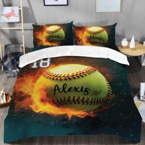 OHWILD Softball Bedding Set Twin Size, Custom Name & Number Softball Bedding Set & Pillow Cover for Bedroom Girls Decorations Super Warm Fire Softball Ball Comforter Set Queen (SOFTBALL-DS11)