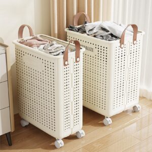 curfair Laundry Basket Foldable with Wheels, Collapsible Laundry Hamper, Slim Laundry Basket Organizer Wheeled Laundry Basket Plastic, Dirty Clothes Basket for College Dorm, Bathroom White M