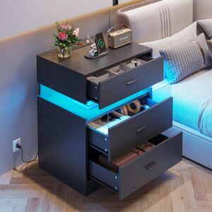 Hasuit Black Night Stand Set of 2 with LED Lights and Charging Station, Modern Nightstand with 3 Drawers, Bedside Tables/End Table for Bedroom