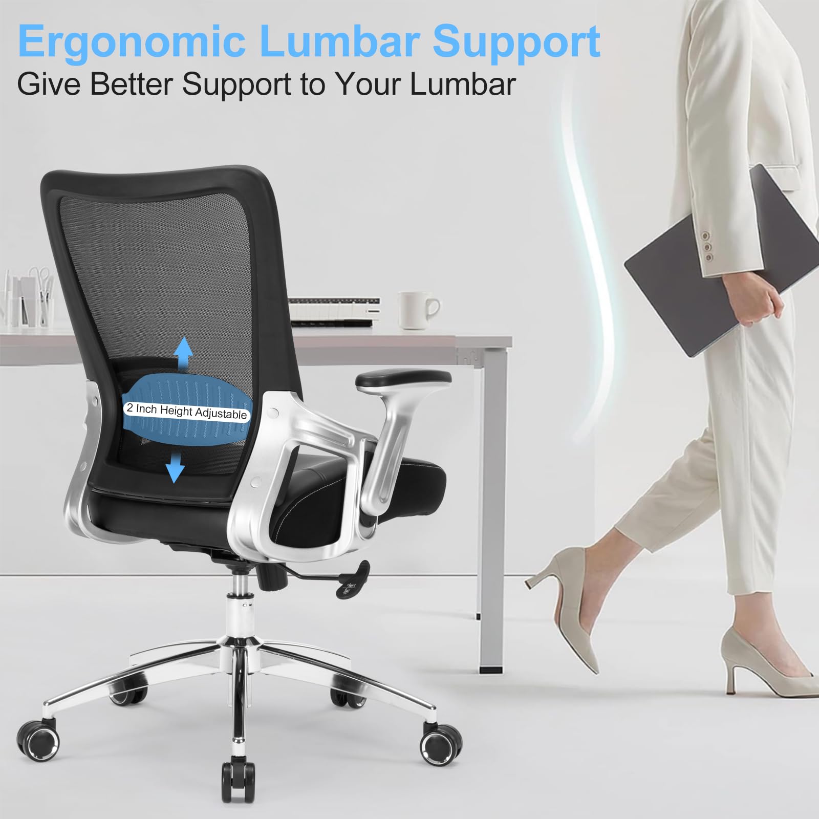 Ergonomic Office Desk Chair 400lbs Heavy Duty Home Office Desk Chairs with Wide Thick Seat Cushion, Executive Computer Task Chair with Adjustable Seat Height & Arm Height for Heavy People