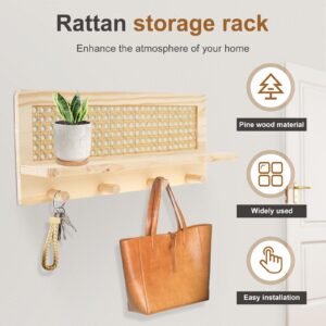 PHWRECZ Rattan Rack Shelf Rattan Coat Rack Shelf Wall Mounted with 4 Hooks Decorative Rattan Wall Rack Floating Rattan Shelf Wall Mount Entryway Rattan Rack Easy to Install