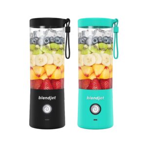 blendjet 2-pack portable blender for smoothies & shakes - 16oz blendjet 2 cordless blender, usb-c charging & self cleaning - quiet mini travel blender w/stainless steel blade, black & mint (renewed)