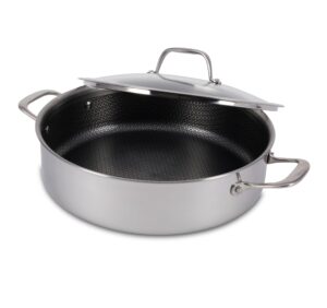 t-fal hybridmesh tri-ply stainless steel shallow pan with lid, 6 quart, induction, oven safe 500f, metal utensil safe, platinum non stick, cookware, dishwasher safe, silver/black