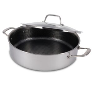 T-fal HybridMesh Tri-Ply Stainless Steel Shallow Pan With Lid, 6 Quart, Induction, Oven Safe 500F, Metal Utensil Safe, Platinum Non Stick, Cookware, Dishwasher Safe, Silver/Black