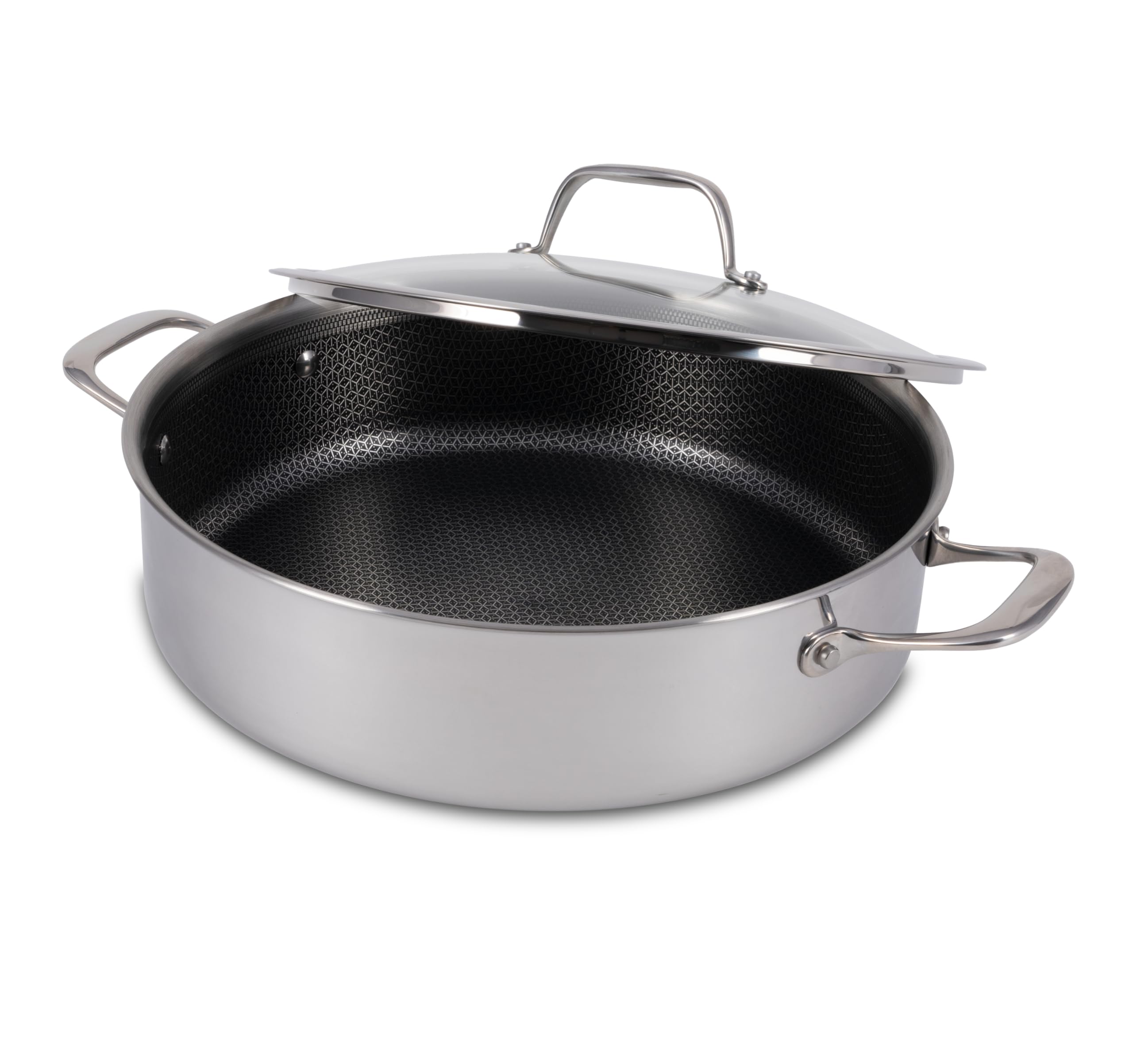 T-fal HybridMesh Tri-Ply Stainless Steel Shallow Pan With Lid, 6 Quart, Induction, Oven Safe 500F, Metal Utensil Safe, Platinum Non Stick, Cookware, Dishwasher Safe, Silver/Black