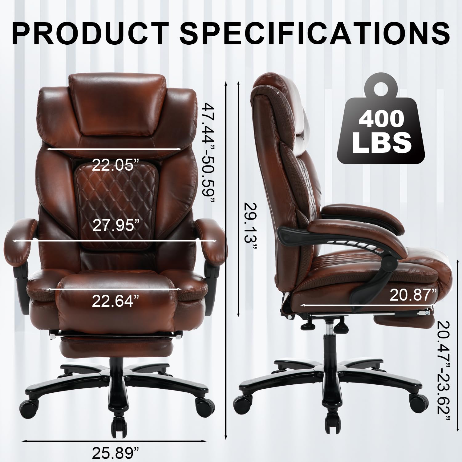 Comermax Big Tall Reclining Office Desk Chairs with Footrest Back Support Wide Seat PU Leather Ergonomic Recliner Managerial Executive Office Chair with Wheels Plus Size, Black Brown