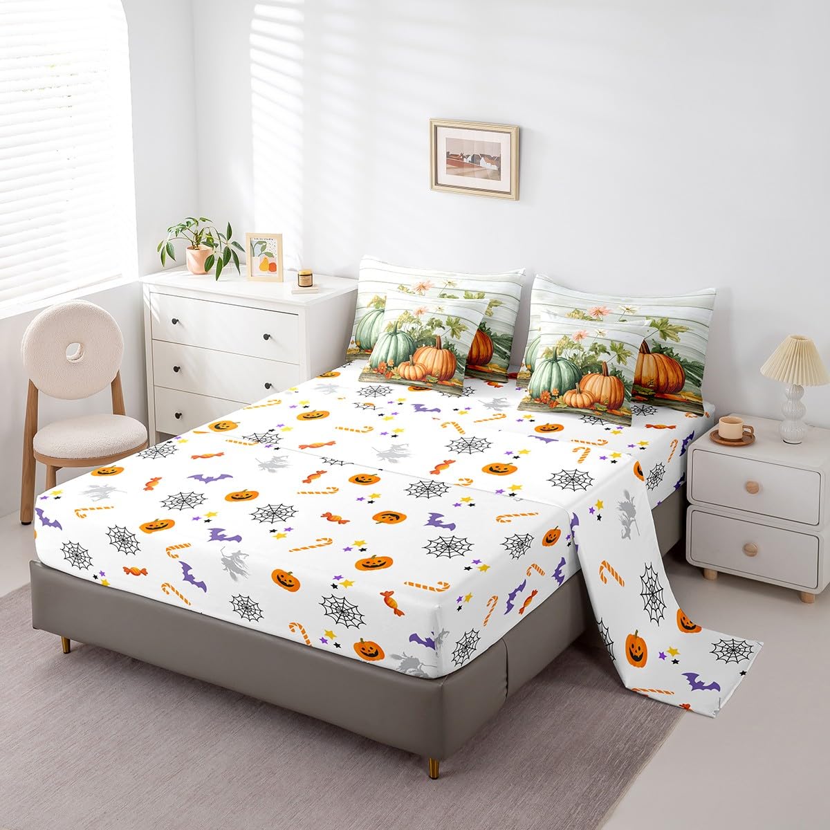 Erosebridal Rustic Farmhouse Fall Bedding Sets 7 Piece Pumpkin Bed in A Bag King Thanksgiving Harvest Season Comforter Set with Sheets for Kids Adults,Autumn Botanical Leaces Bed Set