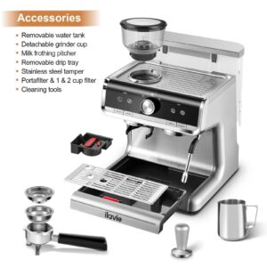 ILAVIE Espresso Coffee Machine 20 Bar for Home Office, Professional Cappuccino Latte Machines with Milk Frother, 2.8L Removable Water Tank, Espresso Maker with Grinder