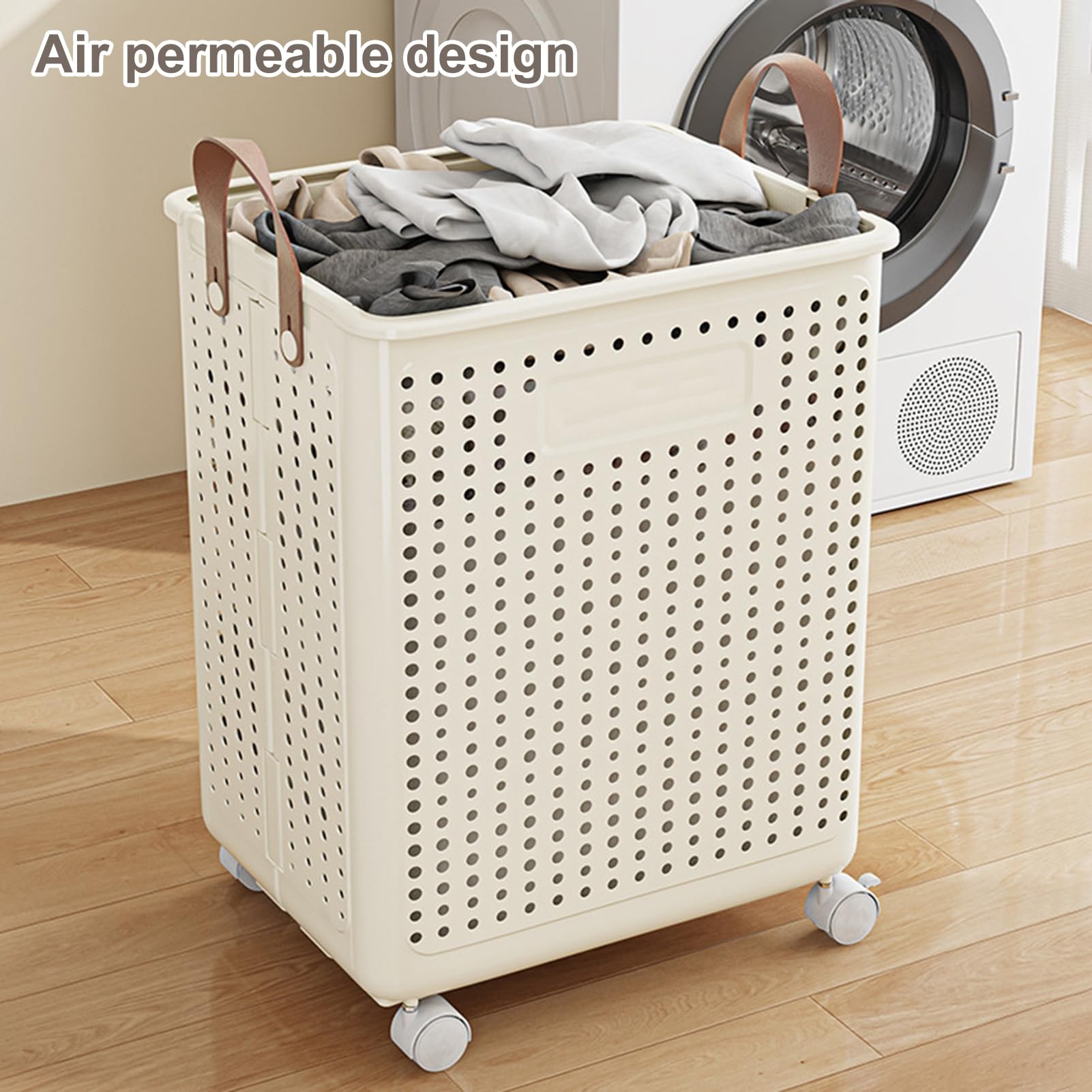 curfair Laundry Basket Foldable with Wheels, Collapsible Laundry Hamper, Slim Laundry Basket Organizer Wheeled Laundry Basket Plastic, Dirty Clothes Basket for College Dorm, Bathroom White M