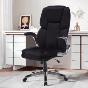 KCREAM Velvet Office Chair,Fabric Excutive Office Chair with Flip up Arms,High Back Ergonomic Office Chair Home Office Desk Task Chair Adjustable Swivel Chair with Wheels & Rocking Function,Black