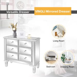 Bonnlo Mirrored Dresser 6 Mirrored Drawers, Mirrored Cabinet, Glass Mirror Dresser for Bedroom with 6 Storage Drawer Modern Chest of Drawers, Silver, 32”L x 12”W x 28”H