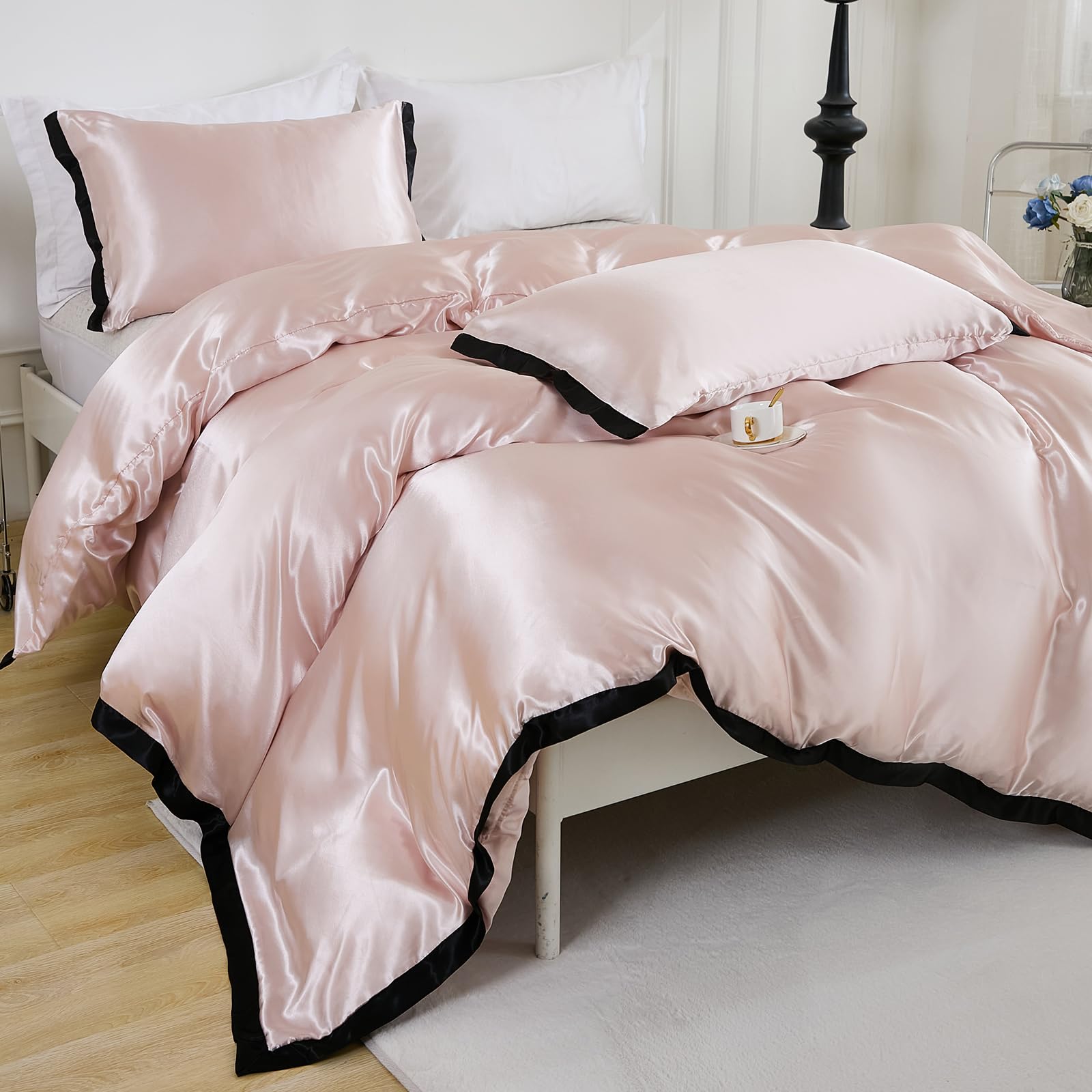 Satin Bedding Set Twin Pink Silky Duvet Cover Sets Luxury Silk Like Satin Comforter Cover Black Ruffle Bedding Sets 1 Duvet Cover 1 Pillow Sham (Twin, Pink)