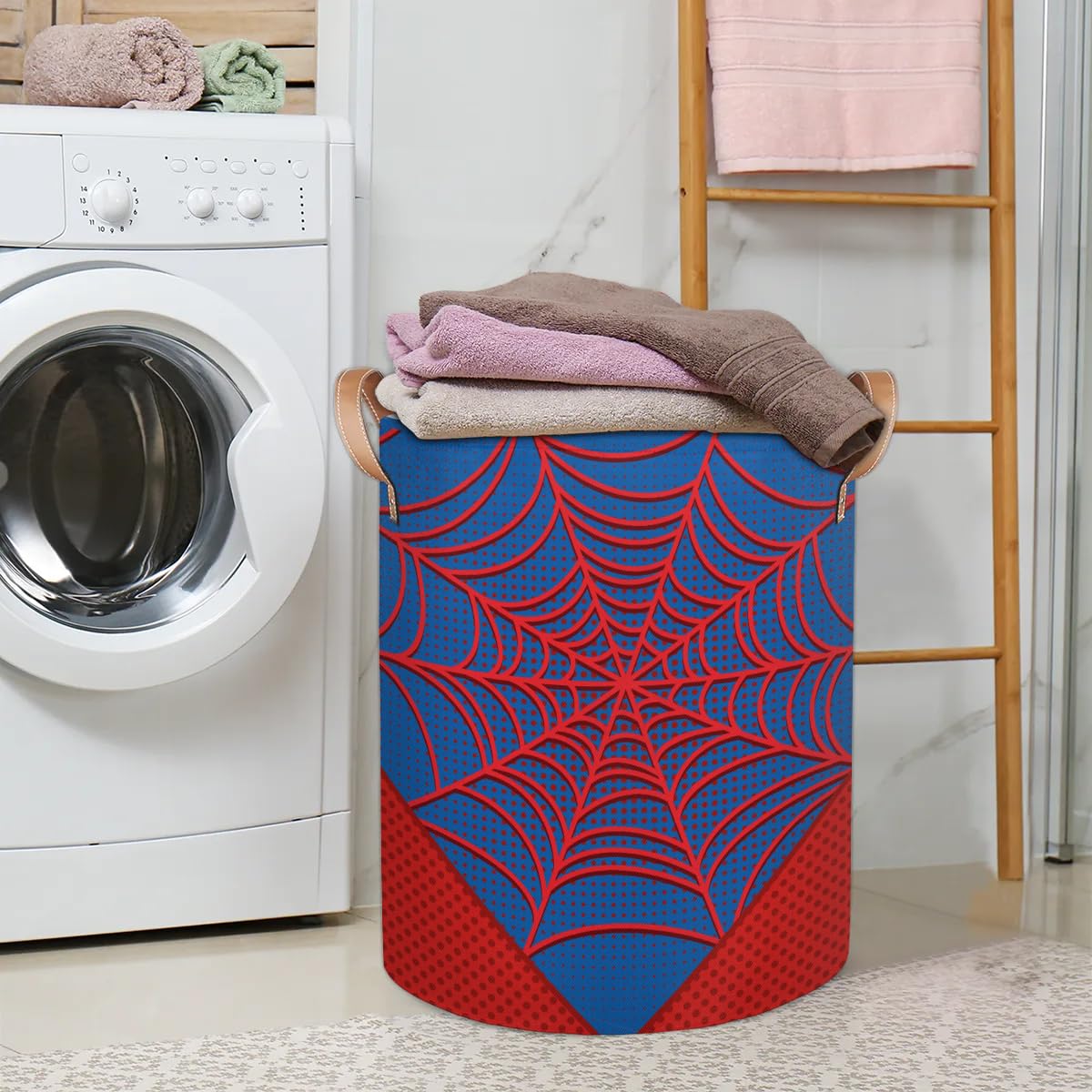 Large Laundry Hamper Basket Blue Spider Web Round Collapsible Storage Organizer Bin for Kids Room, Boys, Nursery, Closet, Bedroom, Playroom, Toys, Dirty Clothes, 16"W x 20"H