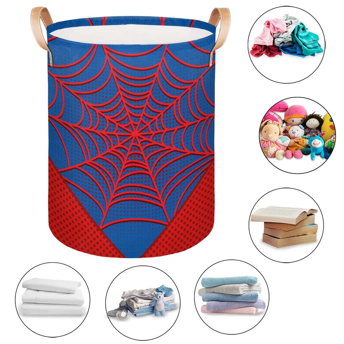 Large Laundry Hamper Basket Blue Spider Web Round Collapsible Storage Organizer Bin for Kids Room, Boys, Nursery, Closet, Bedroom, Playroom, Toys, Dirty Clothes, 16"W x 20"H