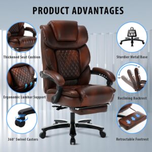 Comermax Big Tall Reclining Office Desk Chairs with Footrest Back Support Wide Seat PU Leather Ergonomic Recliner Managerial Executive Office Chair with Wheels Plus Size, Black Brown