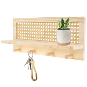 PHWRECZ Rattan Rack Shelf Rattan Coat Rack Shelf Wall Mounted with 4 Hooks Decorative Rattan Wall Rack Floating Rattan Shelf Wall Mount Entryway Rattan Rack Easy to Install