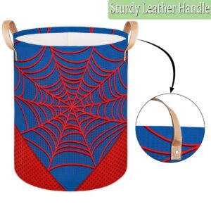 Large Laundry Hamper Basket Blue Spider Web Round Collapsible Storage Organizer Bin for Kids Room, Boys, Nursery, Closet, Bedroom, Playroom, Toys, Dirty Clothes, 16"W x 20"H