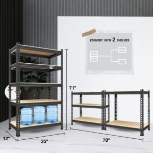 Go-Trio Storage Shelves 5 Tier Adjustable Height Garage Storage Shelving Unit, Heavy Duty Metal Storage Utility Rack Shelf for Warehouse Pantry Closet Kitchen Laundry, 71" x 35" x 12", Black