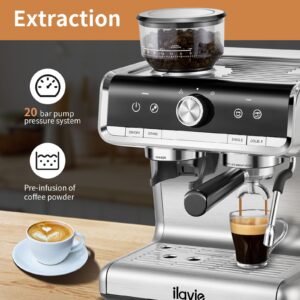 ILAVIE Espresso Coffee Machine 20 Bar for Home Office, Professional Cappuccino Latte Machines with Milk Frother, 2.8L Removable Water Tank, Espresso Maker with Grinder