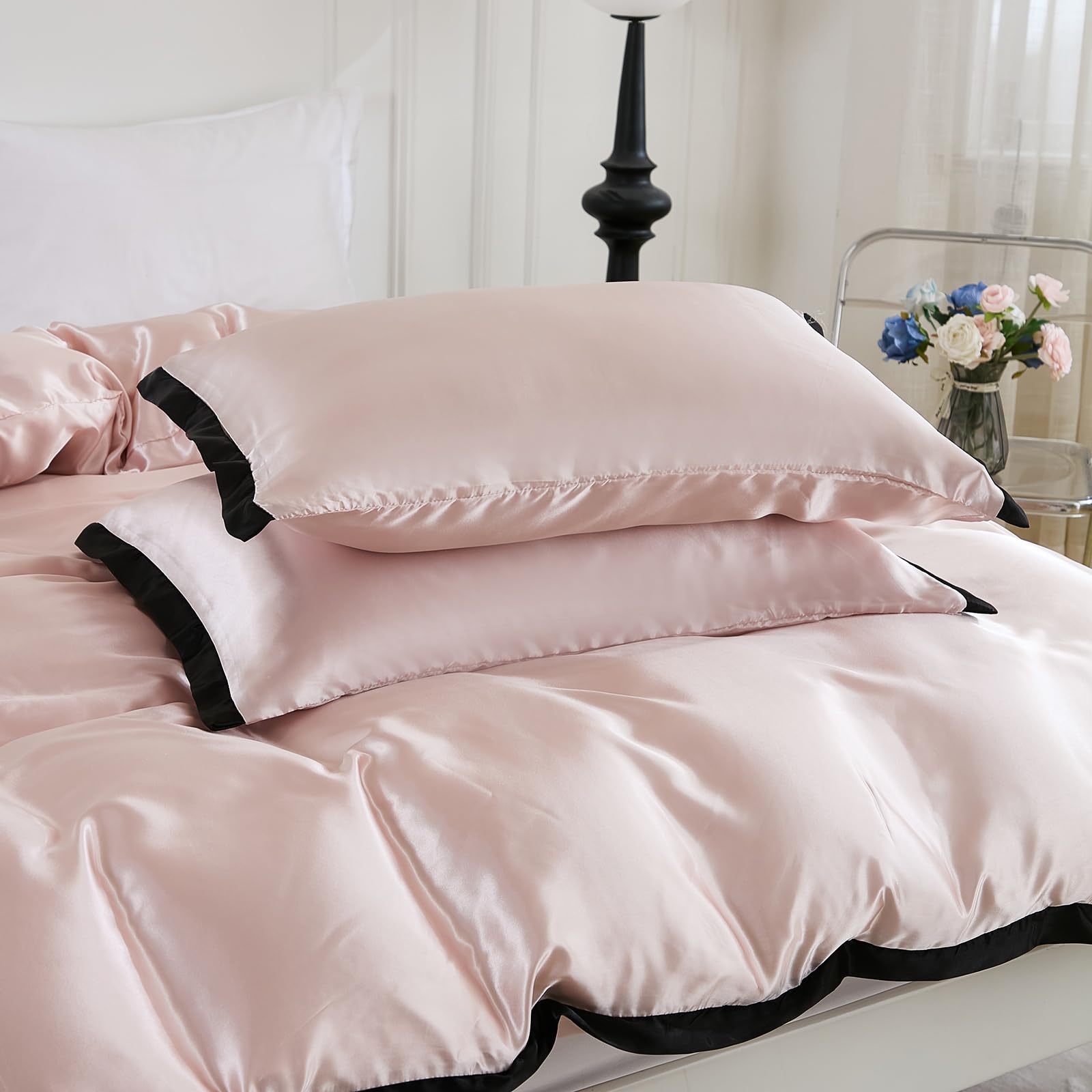 Satin Bedding Set Twin Pink Silky Duvet Cover Sets Luxury Silk Like Satin Comforter Cover Black Ruffle Bedding Sets 1 Duvet Cover 1 Pillow Sham (Twin, Pink)