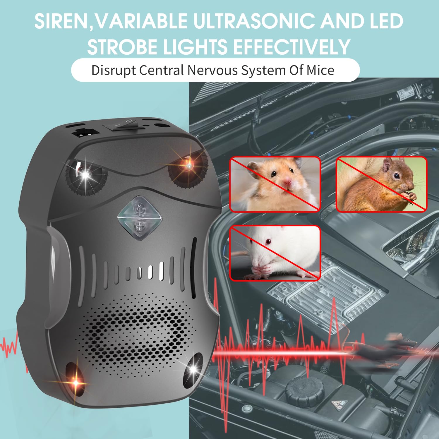 Ultrasonic Rodent Control Repeller, Under Hood Mice Repellent Battery Operated Car Rat Repellent Mice Deterrent Keep Animal Away from Car Engine Garage Attic Basement Warehouse Barn Vehicle Protection