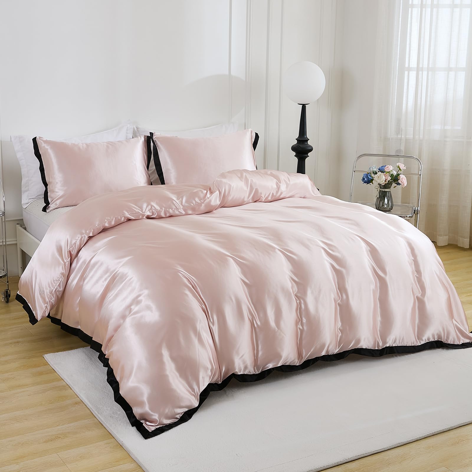 Satin Bedding Set Twin Pink Silky Duvet Cover Sets Luxury Silk Like Satin Comforter Cover Black Ruffle Bedding Sets 1 Duvet Cover 1 Pillow Sham (Twin, Pink)