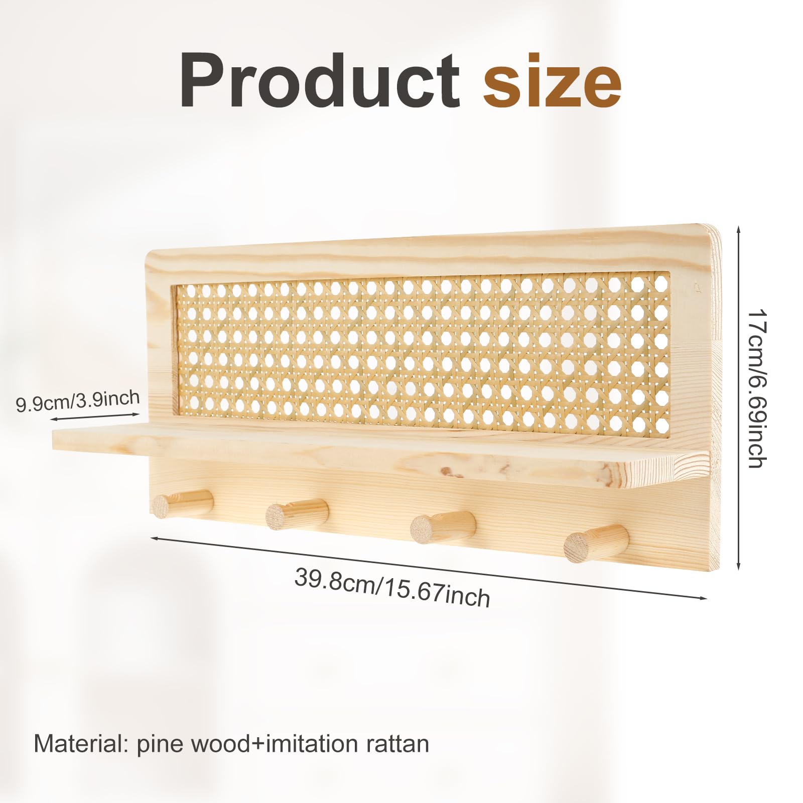 PHWRECZ Rattan Rack Shelf Rattan Coat Rack Shelf Wall Mounted with 4 Hooks Decorative Rattan Wall Rack Floating Rattan Shelf Wall Mount Entryway Rattan Rack Easy to Install