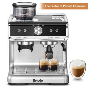 ILAVIE Espresso Coffee Machine 20 Bar for Home Office, Professional Cappuccino Latte Machines with Milk Frother, 2.8L Removable Water Tank, Espresso Maker with Grinder