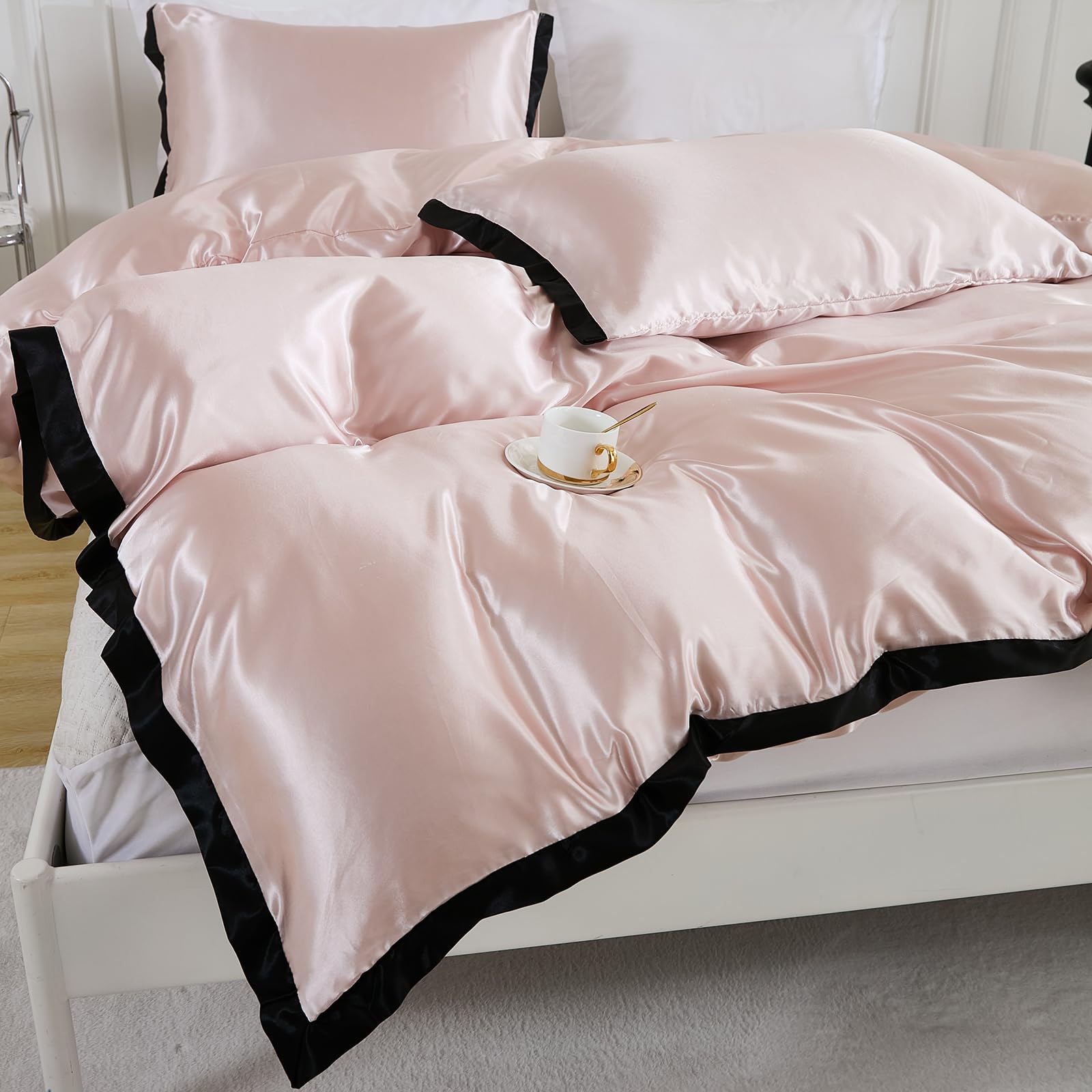 Satin Bedding Set Twin Pink Silky Duvet Cover Sets Luxury Silk Like Satin Comforter Cover Black Ruffle Bedding Sets 1 Duvet Cover 1 Pillow Sham (Twin, Pink)