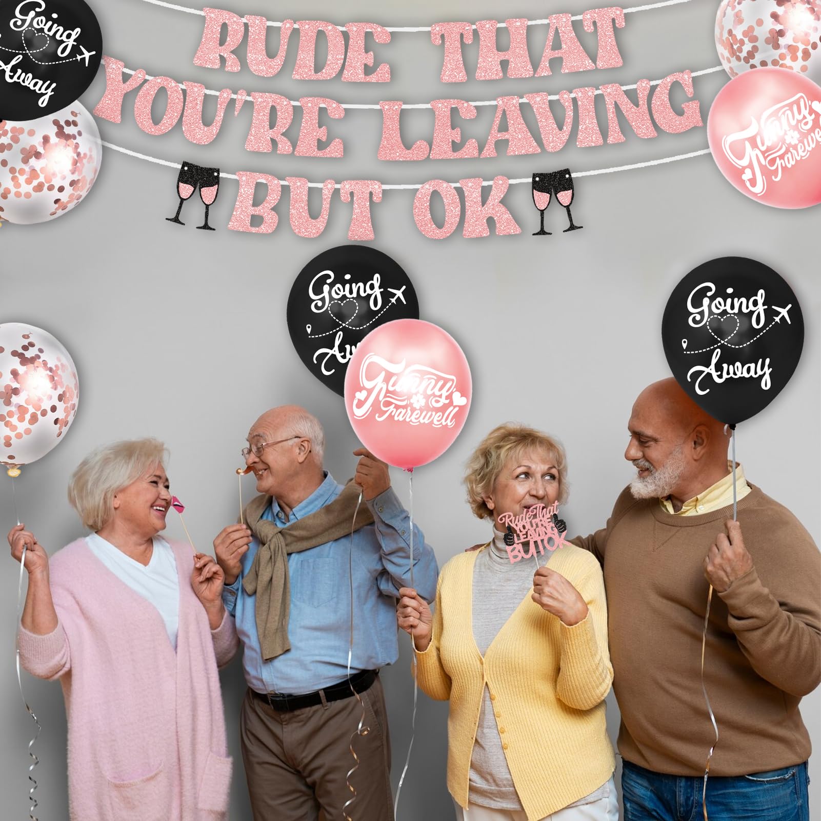 RUDE THAT YOU'RE LEAVING BUT OK Banner & Cake Toppers & Balloons, Going Away Party Decorations, Office Coworker Goodbye Party, Retirement Party Decoration, Graduation Party Decorations(Rose Gold)