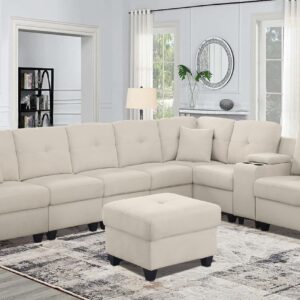 Ball & Cast 127" Convertible Sectional Sofa Couch with Removable Ottoman and Cup Holder,6 Seat Modular Living Room Furniture Sets with 2 Pillows & USB Port,for Lounge,Apartment,Beige