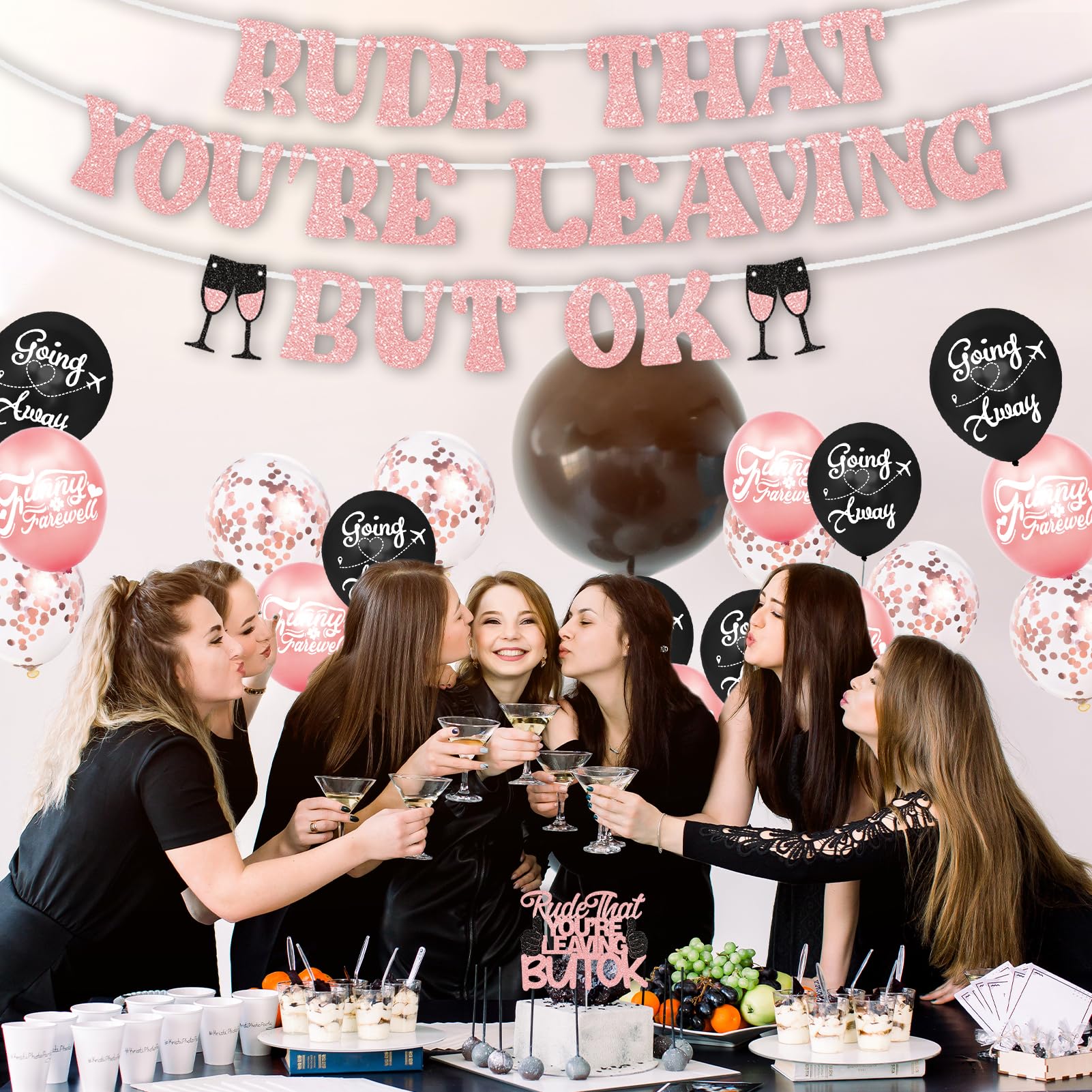 RUDE THAT YOU'RE LEAVING BUT OK Banner & Cake Toppers & Balloons, Going Away Party Decorations, Office Coworker Goodbye Party, Retirement Party Decoration, Graduation Party Decorations(Rose Gold)