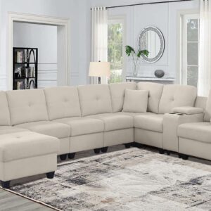 Ball & Cast 127" Convertible Sectional Sofa Couch with Removable Ottoman and Cup Holder,6 Seat Modular Living Room Furniture Sets with 2 Pillows & USB Port,for Lounge,Apartment,Beige