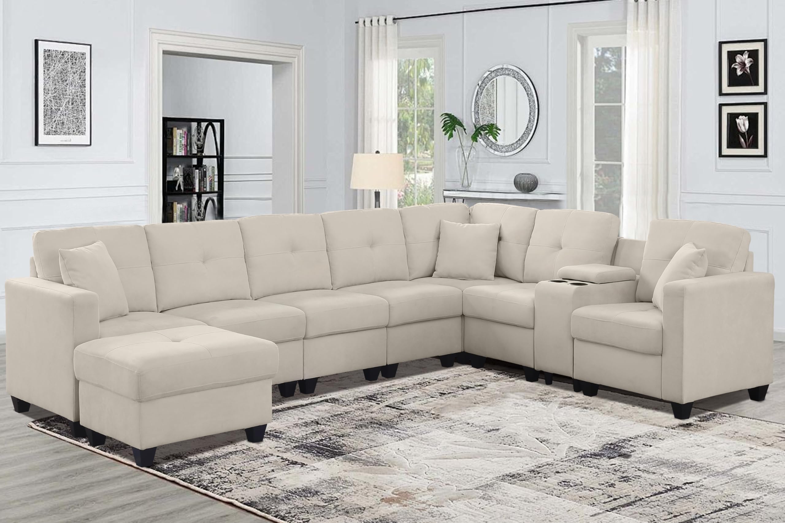 Ball & Cast 127" Convertible Sectional Sofa Couch with Removable Ottoman and Cup Holder,6 Seat Modular Living Room Furniture Sets with 2 Pillows & USB Port,for Lounge,Apartment,Beige