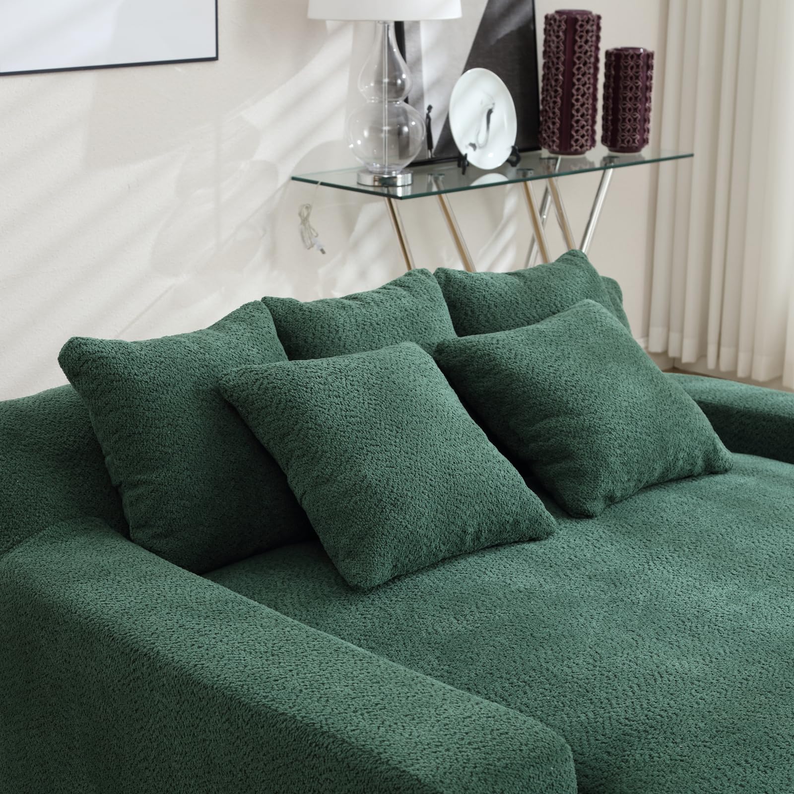 Chenille 2-Seater Lazy Sofa, Loveseat Couch Sofa,Deep Seat Sectional Sofa Cloud Couch, 66" Upholstered Modular Sofa Couch for Living Room, Square Arm Sofa,Sleeper Sofa with 5 Back Pillows Green