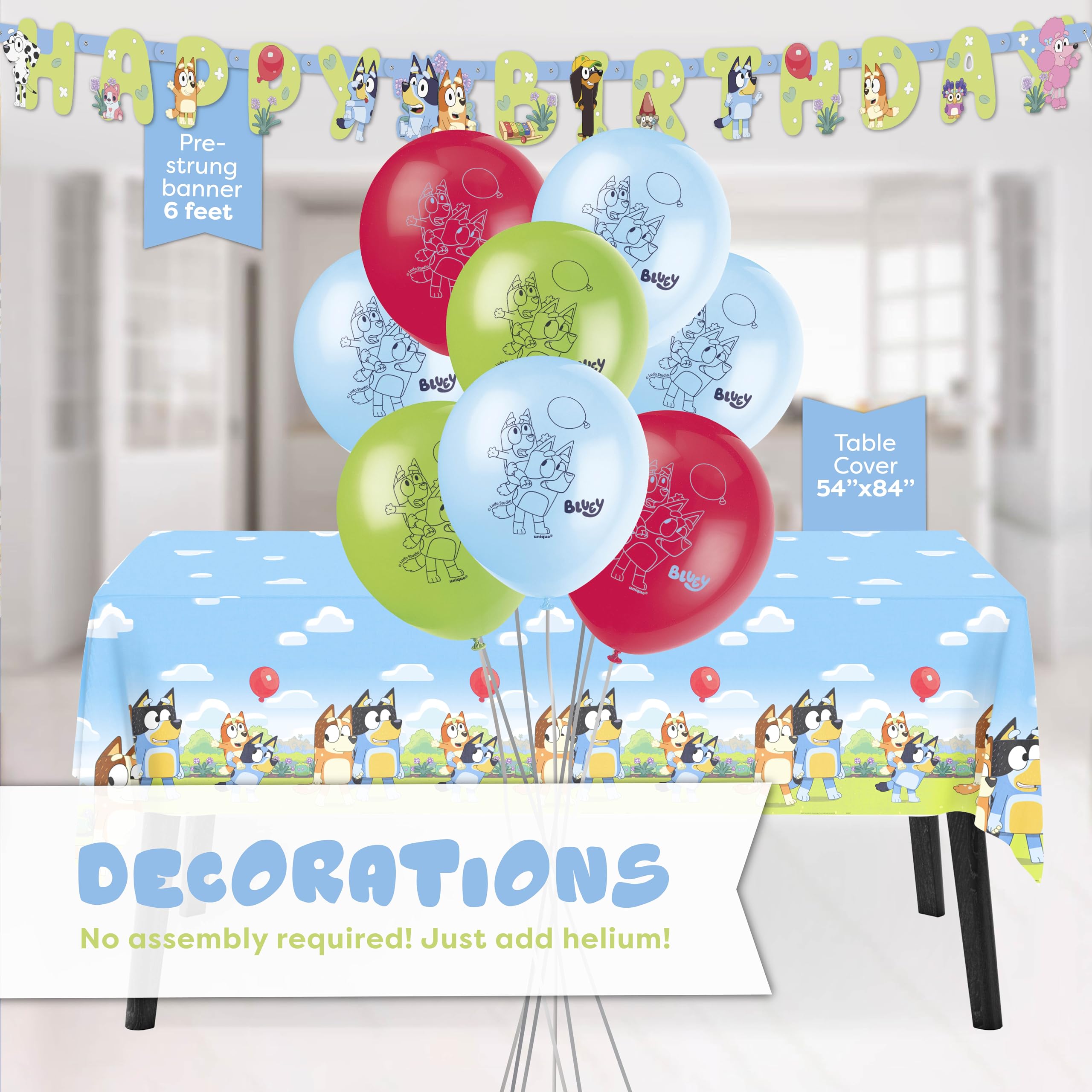 Unique Bluey Birthday Decorations and Supplies | Serves 16 Guests | Bluey Banner, Bluey Tablecloth, Bluey Balloons, Bluey Plates and Napkins, Sticker | Bluey Party Decorations | Officially Licensed