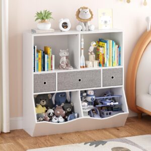 amyove kids toy storage organizer, kids bookshelf with 2 bookshelfs, 3 removement drawers and 2 cubbies, toy organizers and storage for living room, kids bedroom, nursery, playroom, white