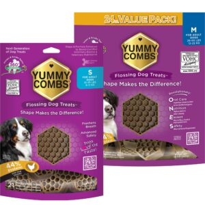 yummy combs - dog dental treats | removes tartar - vet vohc approved | a yummy treat for teeth cleaning - chicken protein | small 12oz and medium 24oz