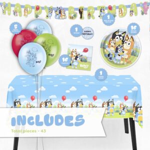 Unique Bluey Birthday Decorations and Supplies | Serves 16 Guests | Bluey Banner, Bluey Tablecloth, Bluey Balloons, Bluey Plates and Napkins, Sticker | Bluey Party Decorations | Officially Licensed