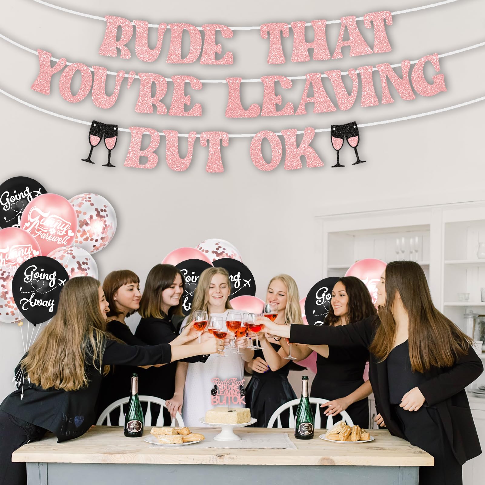 RUDE THAT YOU'RE LEAVING BUT OK Banner & Cake Toppers & Balloons, Going Away Party Decorations, Office Coworker Goodbye Party, Retirement Party Decoration, Graduation Party Decorations(Rose Gold)