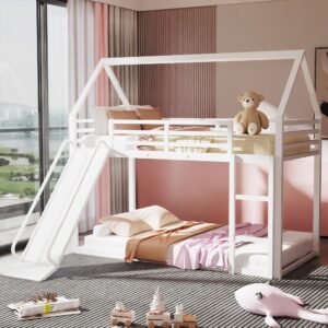 dreambuck bunk bed twin over twin, metal house shaped bunk bed with convertible slide and ladder, low bunkbeds with high guardrail for kids girls boys, no box spring needed, without noise, white