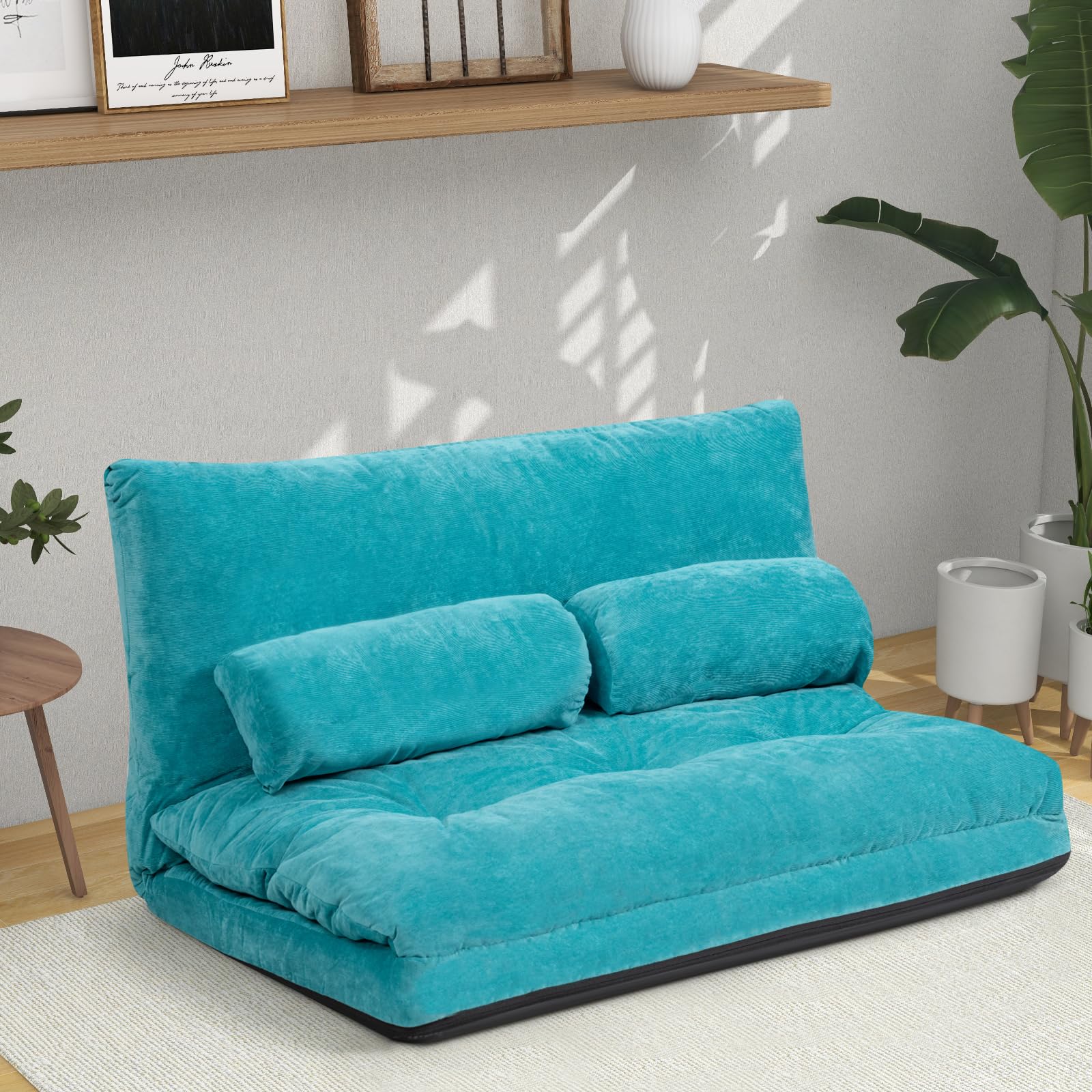 Moccha Convertible Floor Sofa Bed, 6-Position Adjustable Folding Sleeper Bed Lazy Sofa with 2 Pillows & Corduroy Fabric, Foldable Sofa Couch Recliner for Reading, Gaming, Sleeping, Playing, Turquoise