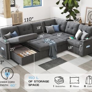 PaPaJet Sleeper Sofa Bed, 110 Inch Oversized Sofa with 2 USB Charging Ports & Cup Holders, U Shaped Pull Out Couch with Storage Chaise & 3 Seater- Dark Grey