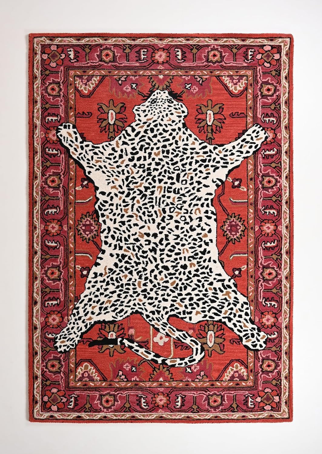 Handmade Leopard Wool Area Rug with Traditional Oushak Motif – Animal Print Cheetah Rugs for Living Room, Bedroom | Plush Texture, Vintage Style, Thick & Durable Carpet (Rust, 2' x 3')