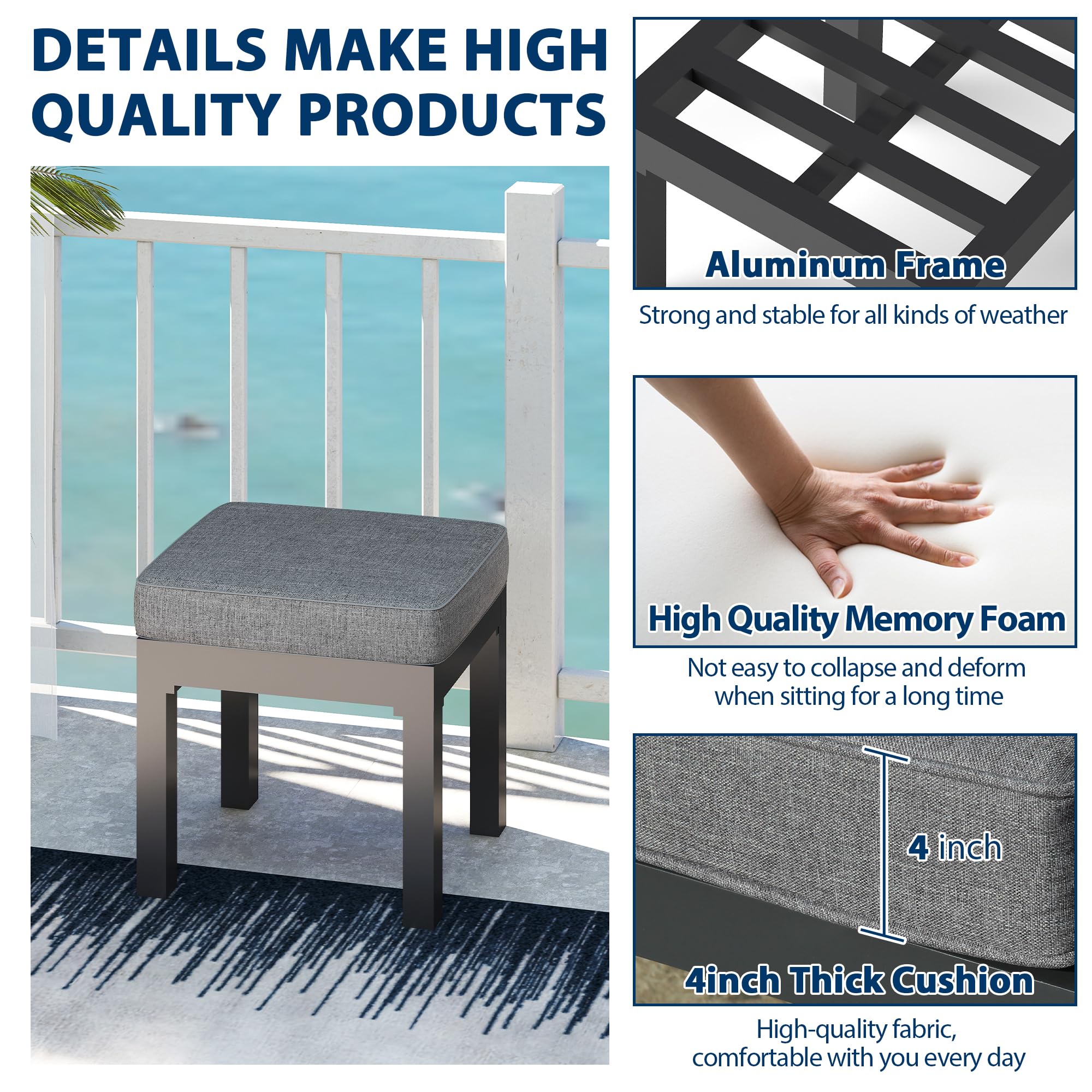 COVERONICS Outdoor 2 Pieces Aluminum Ottoman - Patio Furniture Foot Rest Stool with Aluminum Frame and Waterproof Cushions, All-Weather Footrest Seat Balcony Backyard Poolside Gray